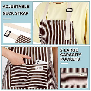 Janmercy 24 Pcs Aprons for Women Men with 2 Pockets Linen Cooking Kitchen Apron Adjustable Bib Chef Apron Bulk Aprons Unisex (Brown/Blue Stripes)