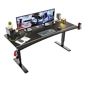 It's_Organized 63 Inch Large Height Adjustable Gaming Desk, Black Home Office PC Computer Manual Standing Curved Edge Table Gamer Workstation with Handle Rack Cup Holder Headphone Hooks Full Mouse Pad