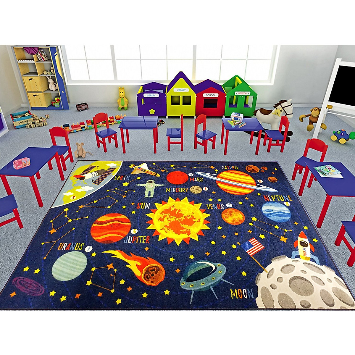 KC Cubs Outer Space Solar System Road Play Educational Learning & Fun Game Boy & Girl Kids Rug Carpet for Children Bedroom, Toddler Classroom and Baby Playroom Floor Mat, Playtime Adventure Activity