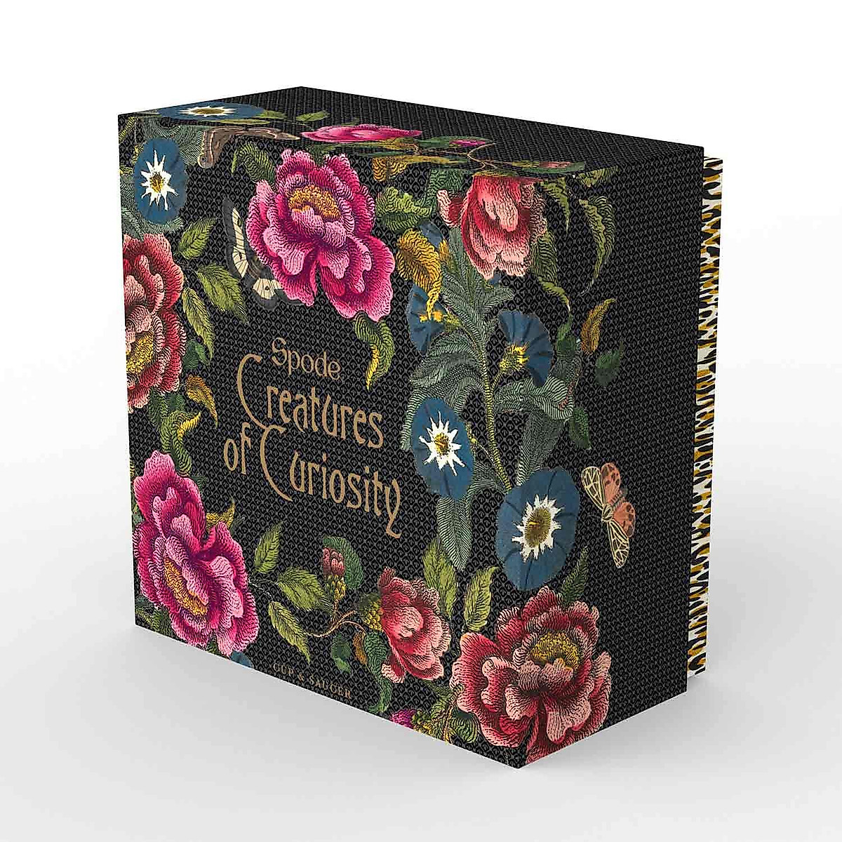 Spode Creatures of Curiosity Collection Coupe Teacup and Saucer Set, Black Floral Mug and White Floral Saucer, Gold Rim, 6.7 oz, Made of Fine China, Specialty Coffee Drinks, Lattes, and Tea