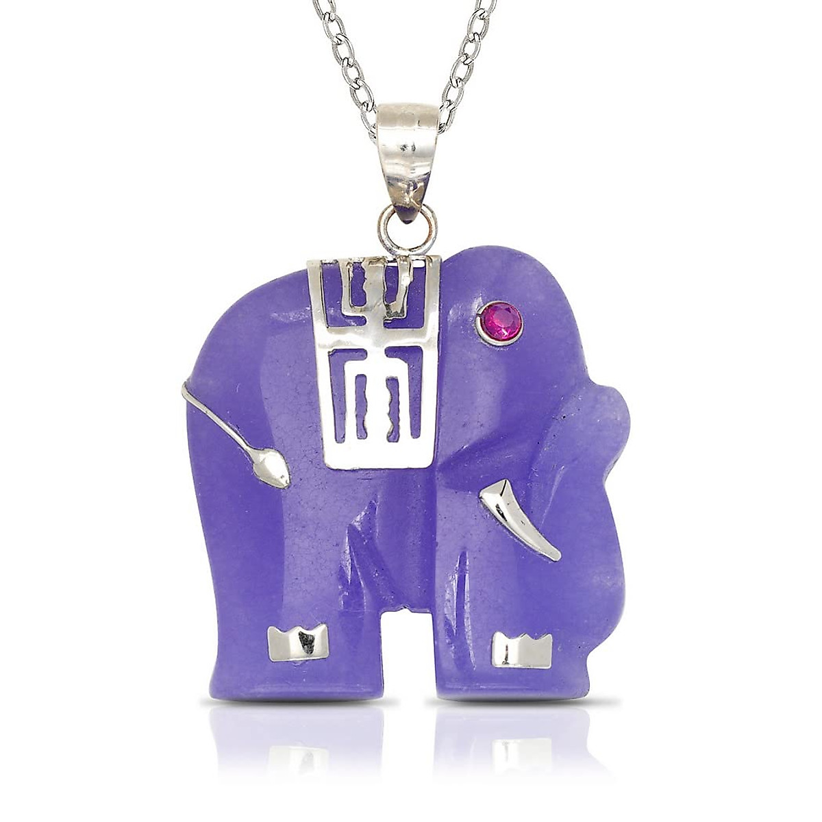 925 Sterling silver 16-inch Green, White, Lavender Jade Elephant Pendant Necklace (20mm x 28mm) (Lavender Jade)