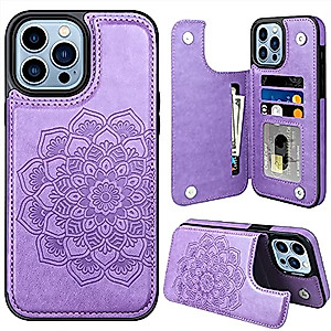 MMHUO for iPhone 14 Pro Max Case with Card Holder, Flower Magnetic Back Flip Case for iPhone 14 Pro Max Wallet Case for Women, Protective Case Phone Case for iPhone 14 Pro Max,Purple