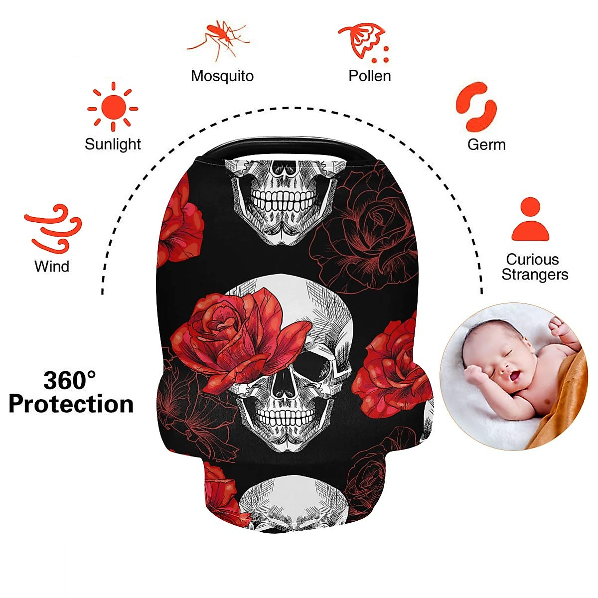 Nursing Cover Breastfeeding Scarf Skull and Red Roses- Baby Car Seat Covers, Stroller Cover, Carseat Canopy (v)