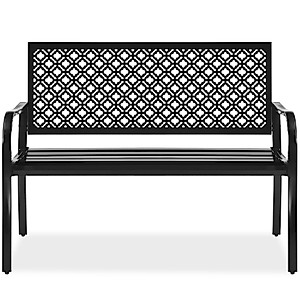 Best Choice Products Outdoor Bench 2-Person Metal Steel Benches Furniture for Garden, Patio, Porch, Entryway w/Geometric Backrest, 790lb Capacity – Black