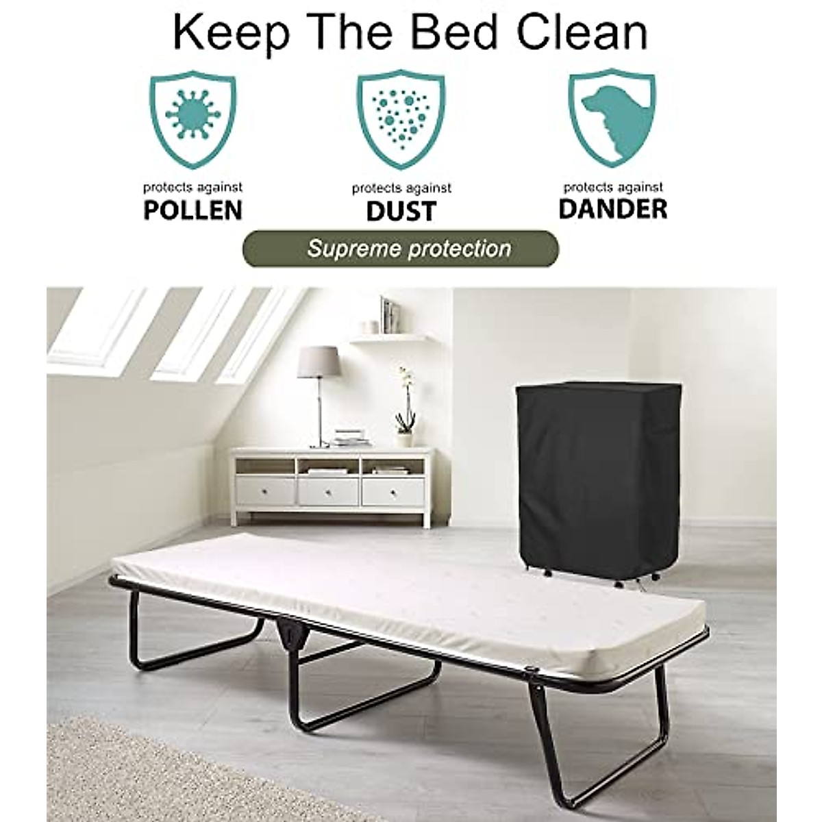 Folding Bed Storage Cover, Falezern 38 in Adjustable Rollaway Bed Cover, Waterproof and Dustproof, with Metal Zipper and Adjustable Drawstring, Thickened Storage Cover for Folding Cot Bed, Fold Up Bed