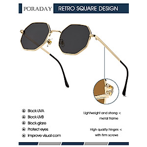 PORADAY Square Sunglasses for Women Men Retro Octagon Metal Sun Glasses Vintage Polygon Shades (Gold/Gray)