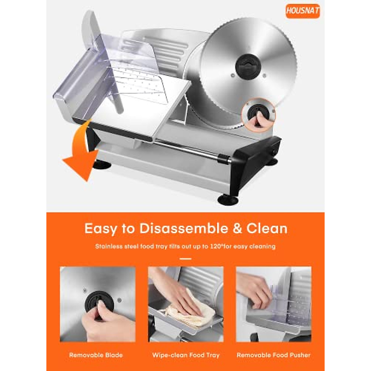 HOUSNAT Meat Slicer for Home Use, Electric Deli Food Slicer Machine with Two 7.5'' Blade and 0-15 mm Adjustable Thickness for Meat, Cheese, Bread, Include Food Pusher, 150W
