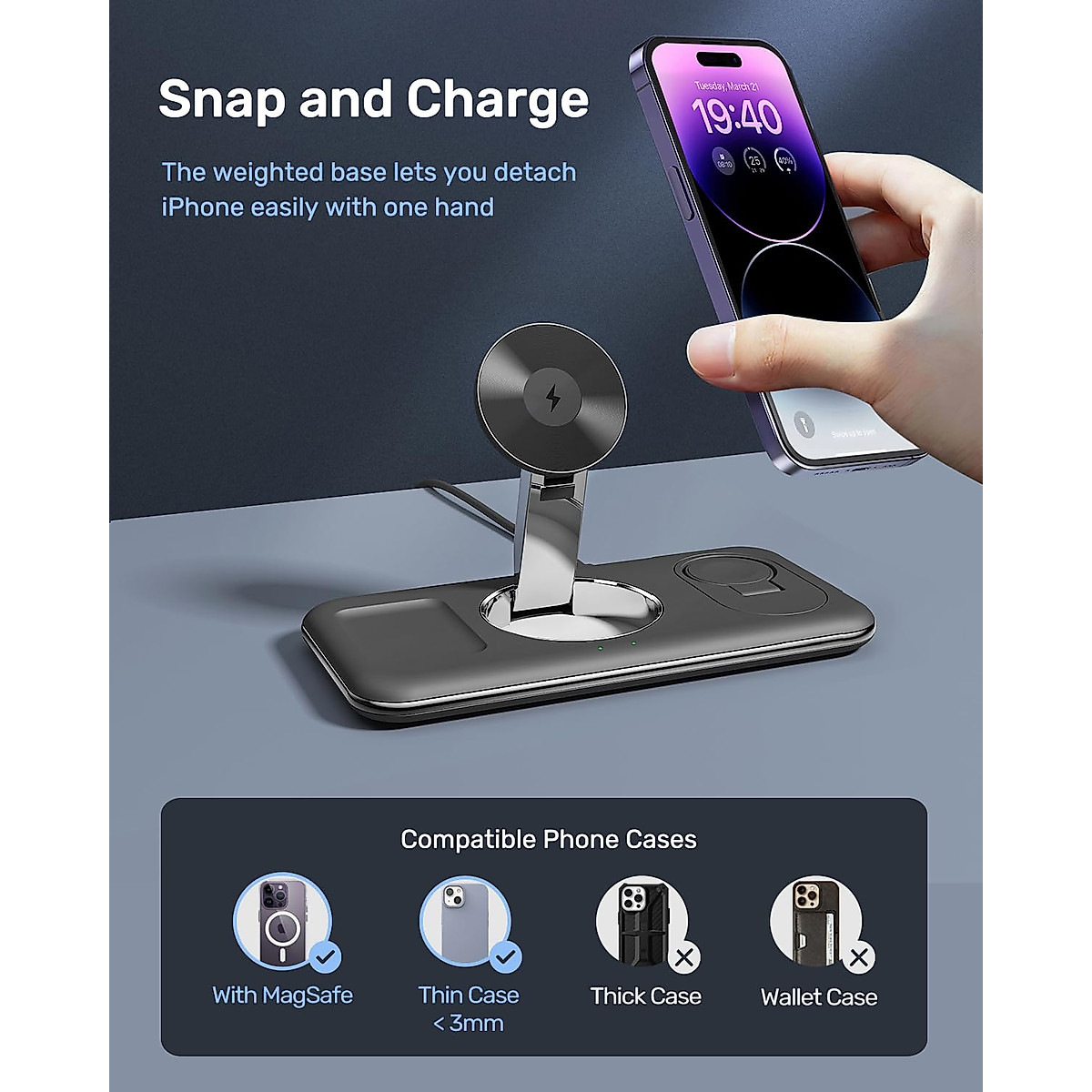 Foldable 3 in 1 Wireless Charger, Metal Design, NELUXFE Charging Station Compatible with MagSafe for iPhone 14/13/12 Pro Max, Apple Watch and AirPods (Black)