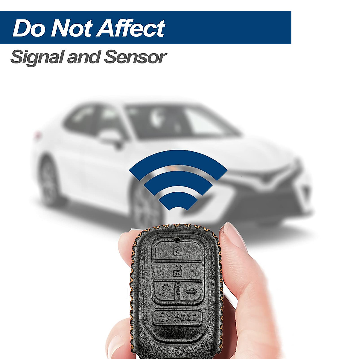 INFIPAR Fit for Honda Passport CR-V Accord Pilot Civic HR-V Insight Genuine Leather Smart Key Fob Case Cover Keyless Entry Protector, with Key Chain (5-Button, Black)