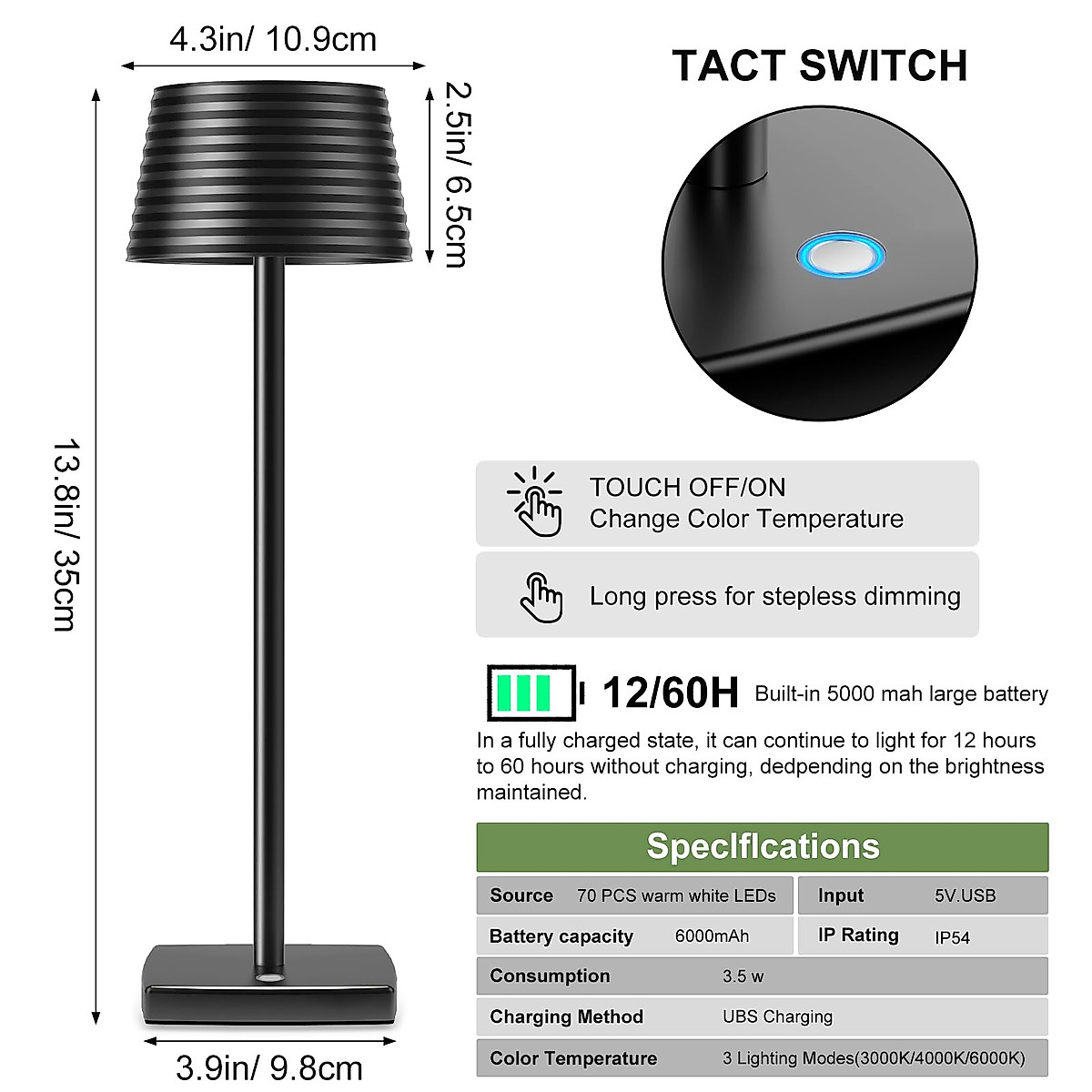 YIBEN Rechargeable Cordless Table Lamp, Battery 5000mAh Metal Aluminum Housing USB LED Portable Powered Desk Lamp, 3 Levels Brightness Night Light for Restaurants Bars Outdoor (Black)