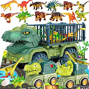 Dinosaur Transport Truck Boy Toys Car Carrier Train with 15PCS Dinosaurs 2 Crane Transport Toys for 3 4 5 6 7 Year Old Boys Girls Kids, Waterproof Mat Activity Playset (Dino Truck)
