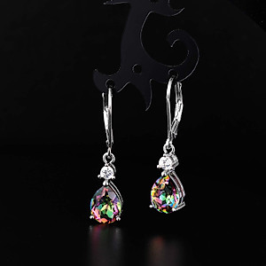 Teardrop Leverback Earrings 925 Sterling Silver Created Rainbow Quartz Mystic Topaz Drop CZ Dangly Pear Earings Vintage Hypoallergenic Jewelry for Women