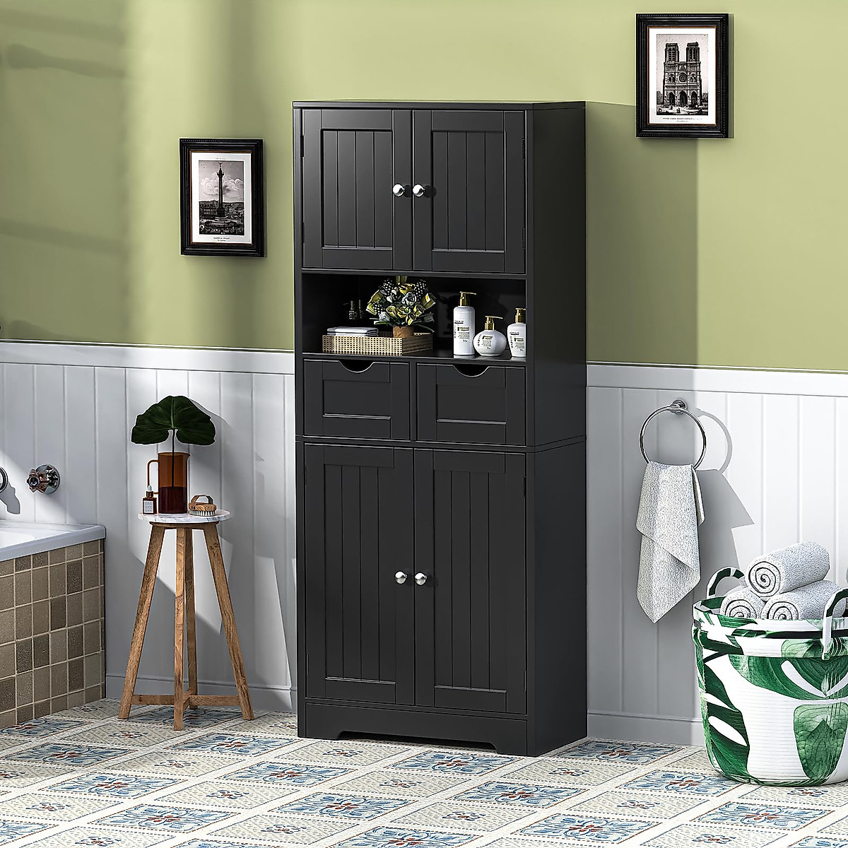Iwell Tall Storage Cabinet with Adjustable Shelf, Bathroom Cabinet with 2 Drawers, Linen Cabinet for Living Room, Black