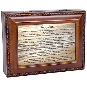 Cottage Garden Footprints in The Sand Woodgrain Rope Trim Jewelry Music Box Plays Great is Thy Faithfulness