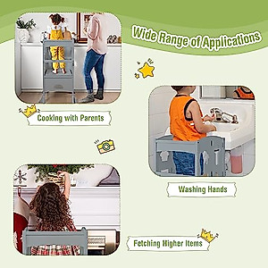 HONEY JOY Kitchen Step Stool for Toddlers, Children Wooden Standing Tower w/Safety Rail, Extra Kitchen Toys, Montessori Foldable Kids Learning Tower for Kitchen Counter(Gray)