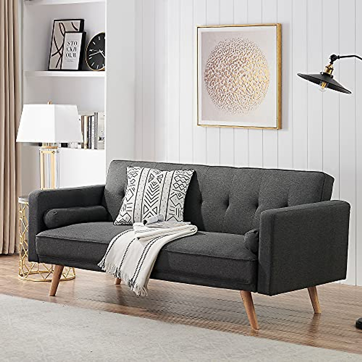 ERYE Modern Loveseat Convertible Sleeper Couch Bed, Tufted Upholstered Futon Sofabed for Living Room,2 Seater Comfy Love Seat Daybed Sofas, Twin, Dark Gray Linen w/2 Pillows A