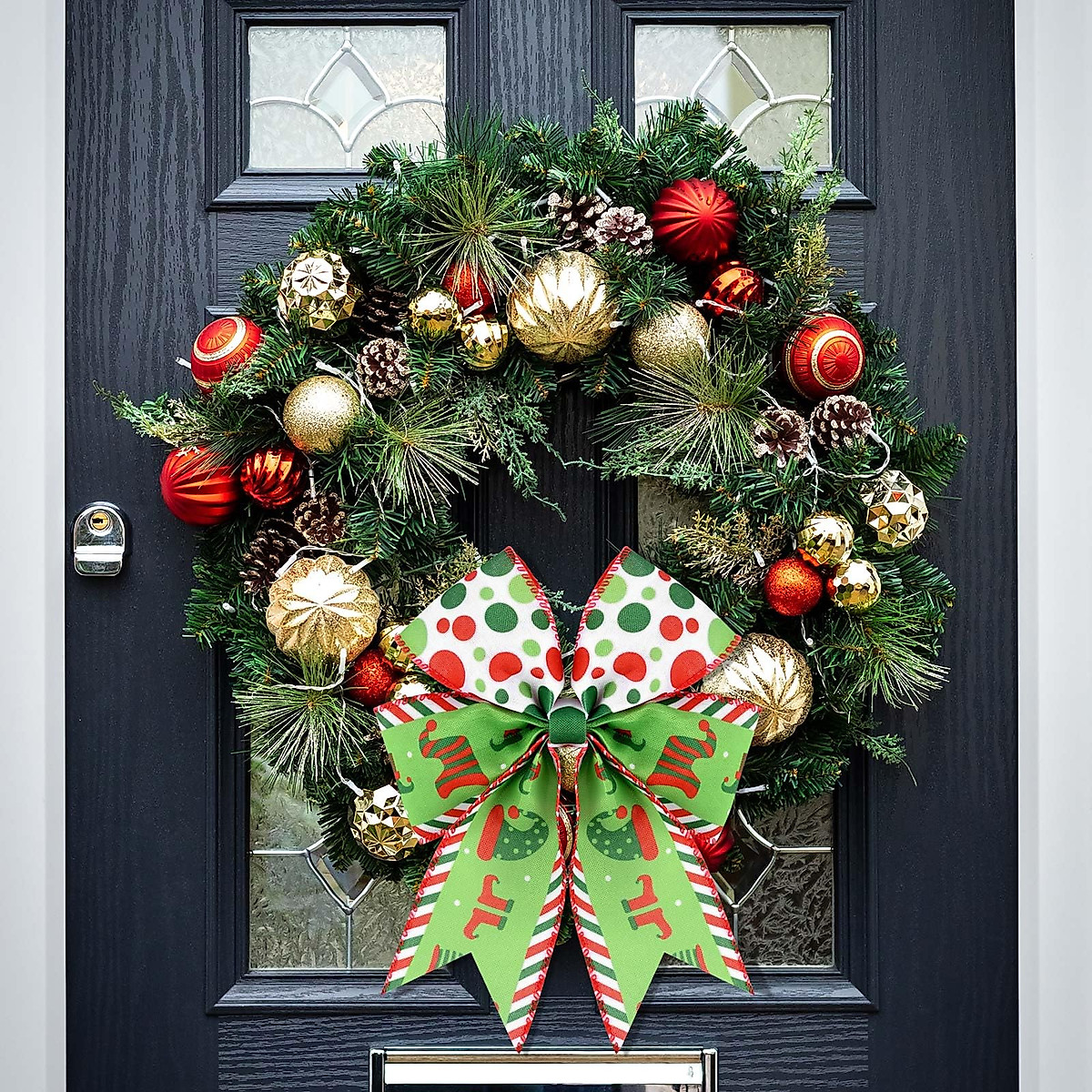 Honic 6 Rolls 30 Yards Christmas Elf Wired Edge Ribbon Elf Hats Legs Multi Dots Stripes Swirl Diagonal Decorative Ribbon for Gift Wrapping Xmas Tree Wreath DIY Crafts