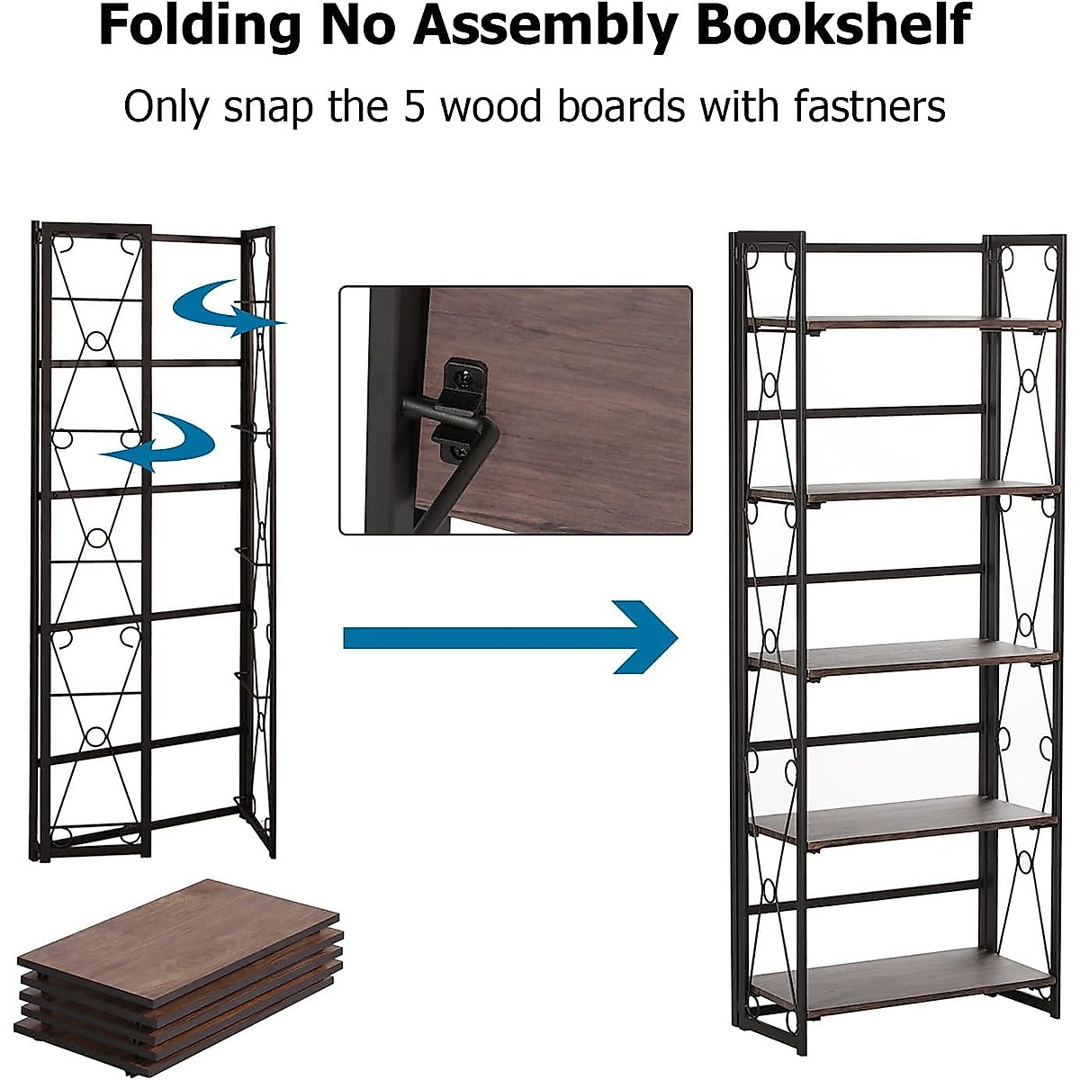 VECELO Folding Bookshelf, 5 Shelf Bookcase No Assembly, Industrial Metal Frame Shelves Rack Organizer for Living Room, Office,Walnut 1 Set