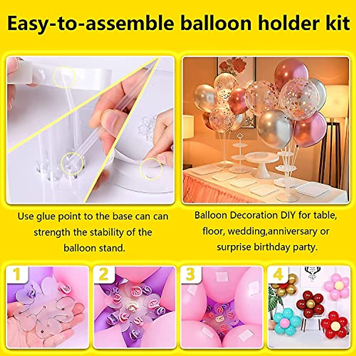 Balloon Stand, Balloon Stand Kit 28Inch Height, Table Balloon Stand 4 Set, for Wedding, Birthday, Baby Shower, Christmas, Parties Decoration (Not Include Balloons)