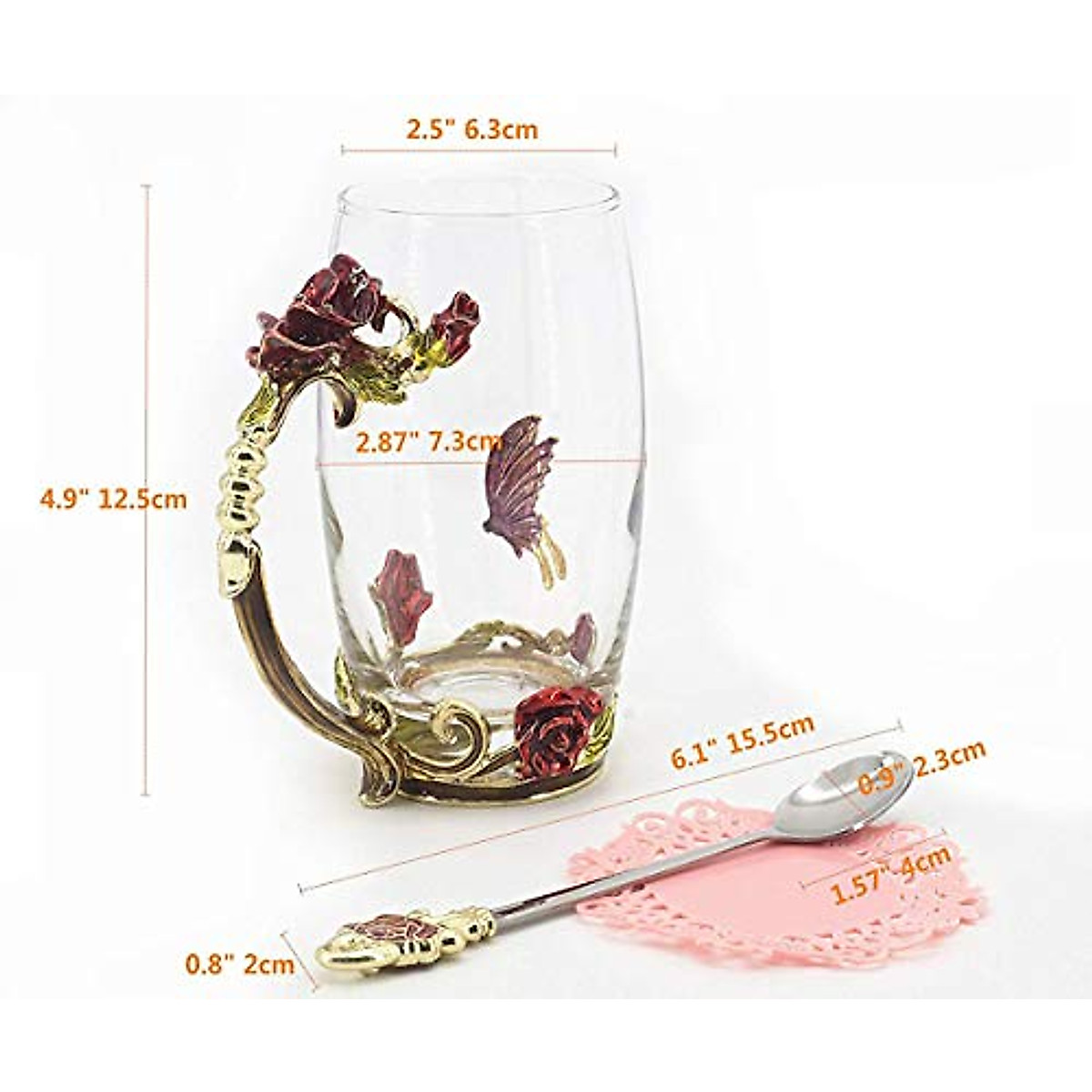 Guon-Wuvl Handicraft Crystal Glass 3D Flower Cups Tea Mug With Tea Spoon Women Coffee, Tea, Juice, Beer, Milk Hot And Cold Drinks Use Gift Package. (Rose Red Coffee Cup, 12 OZ)