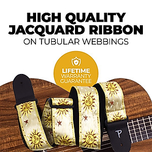 Perris Leather Guitar Strap - Sunshine Motif Jacquard Ribbon Guitar Strap, with Leather Ends - Electric/Acoustic/Bass Guitar Strap - Adjustable Strap From 39″ to 58″ - Gold