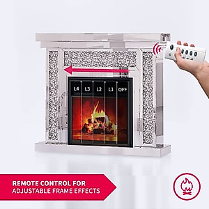 Muzz Mirrored Electronic Fireplace, Freestanding Fireplace Heater with 3D Realistic Flame Effect, Electric Heater with Remote Control for Living Room ( Silver with Crystal), 47.2x12.6x41.7 inches