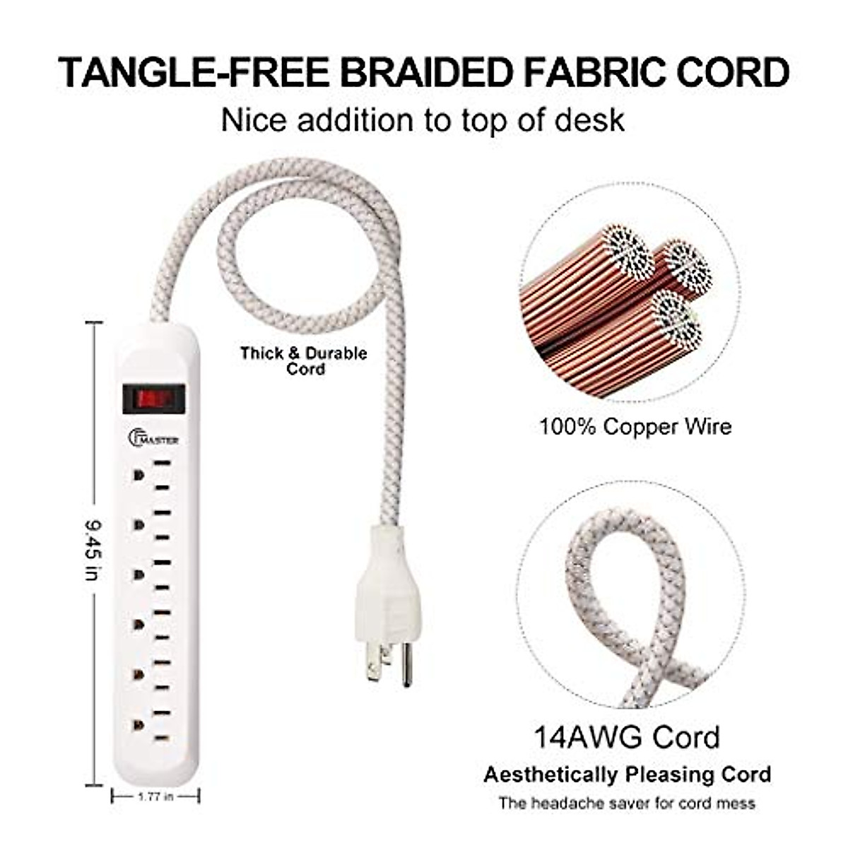 Power Strip Surge Protector CFMASTER 6 Outlets 2ft Long Extension Cord with Braided Fabric, 300 Joules, Wall-Mounted Strip, Overload Protection, for Home, Office (2 Pack)