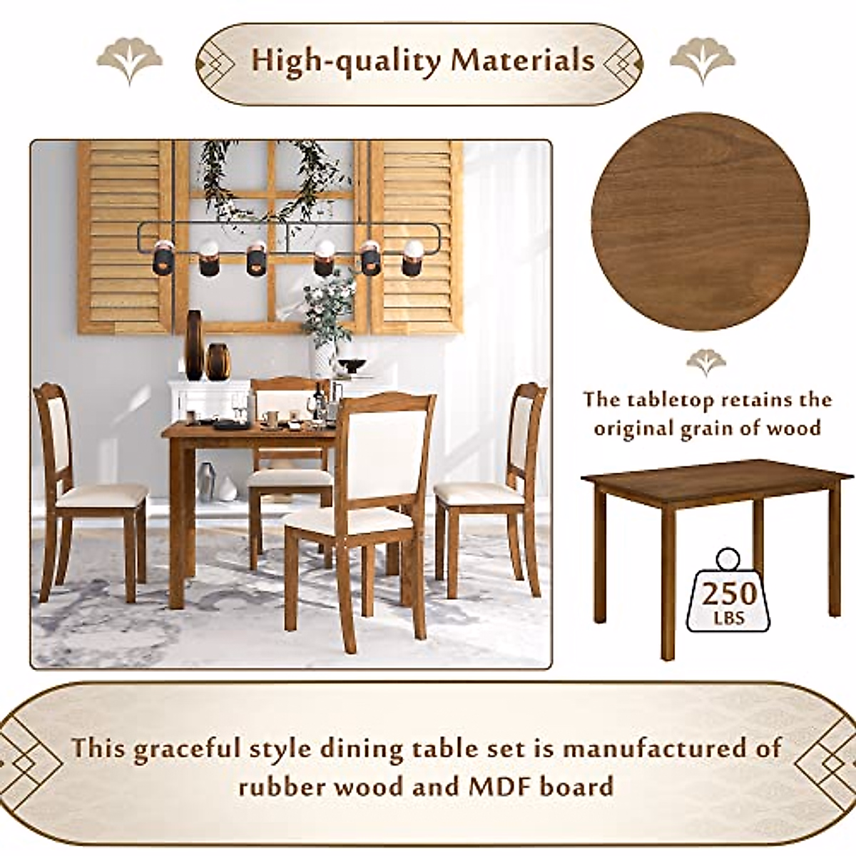 Origeture Dining Table Set for 4 Small Spaces, Solid Wood Dining Set with 4 Chairs, 5 Piece Kitchen Table Set for Apartment, Rectangle Breakfast Table and Chairs (Dining Table Set for 4, Walnut)
