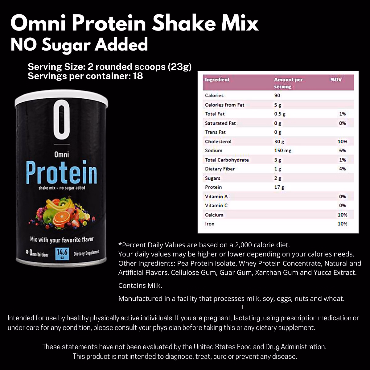 Omnitrition Omni Protein Shake Mix (No Sugar Added), Unflavored, 14.6 oz