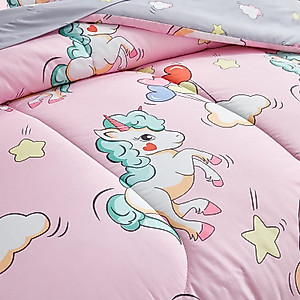 UOZZI BEDDING Kids Girls Bed in a Bag 7 Pieces Queen Size Unicorn Pink Comforter Set - (1 Soft Microfiber, Reversible Comforter, 2 Pillow Shams, 1 Flat Sheet, 1 Fitted Sheet, 2 Pillowcases)