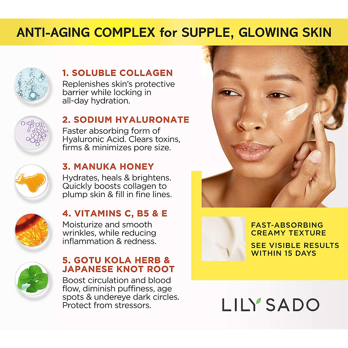 LILY SADO Honey Glow Collagen Radiance Cream Face Moisturizer - Natural Daily Facial Lotion w Manuka Honey, Apricot & Sodium Hyaluronate - Amazing Anti Aging Formula. 2 oz