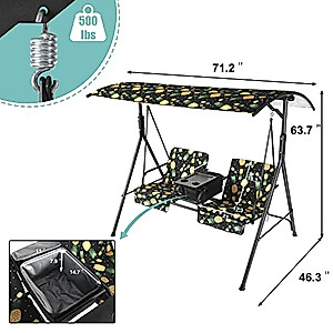 OKL 2-Seat Outdoor Patio Swing Chair, Canopy with Cooler Removable Cushion and Weather Resistant Steel Frame, Hanging Porch for Patio, Garden, Poolside, Balcony, Backyard, Bench, Pineapple