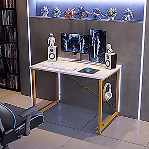 ODK 32 inch Small Computer Desk Study Table for Small Spaces Home Office Student Laptop PC Writing Desks with Storage Bag Headphone Hook, White Marble + Gold Leg