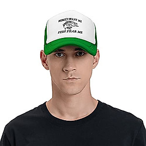 Women Want Me Fish Fear Me Trucker Hat Summer Mesh Cap Trucker Baseball Cap for Men Women Green