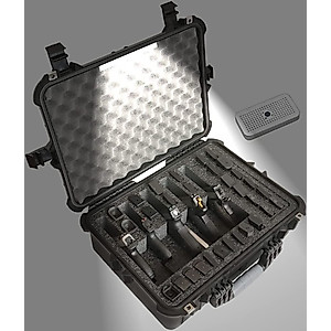 Case Club 5 Pistol & (up to) 30 Magazine Case with Accessory Pocket and Emergency Light - Pre-Cut, Heavy Duty, Waterproof, with Silica Gel for Gun Rust Prevention (Upgraded Gen-2)