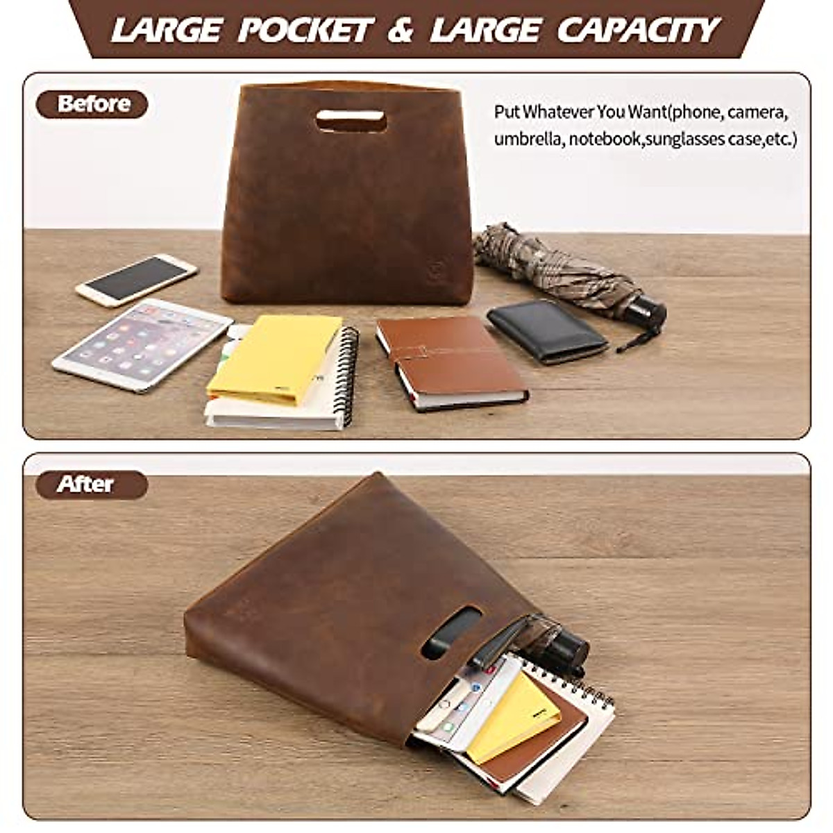 Ringsun Tote Bag for Women Men Minimalist Handbag Handmade from Full Grain Leather