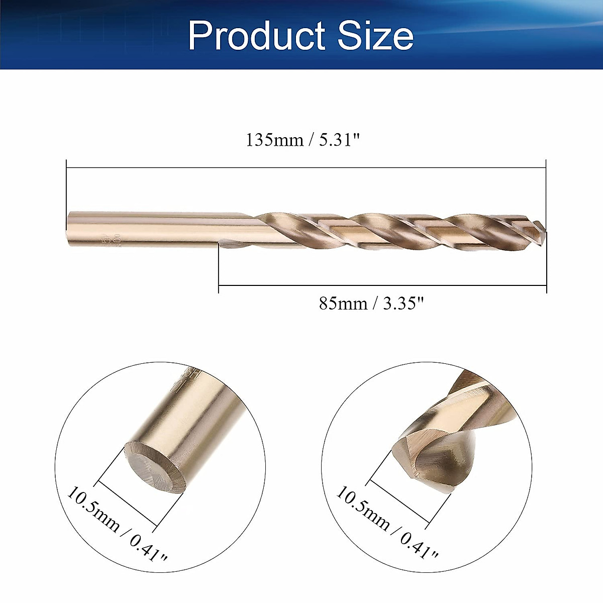 Auniwaig 10.5mm HSS Straight Shank Cobalt Twist Drill Bit-Jobber Length Fully Ground Straight Shank – 5% Cobalt M35 Grade, Champagne for Stainless Steel Cast Iron 2PCS