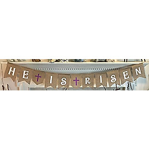 HE IS RISEN Burlap Banner - Easter Bunting Decoration with Crosses - Religious Holiday Bunting Wall Hanging - Ready to Hang Church Prop Decorations by Jolly Jon