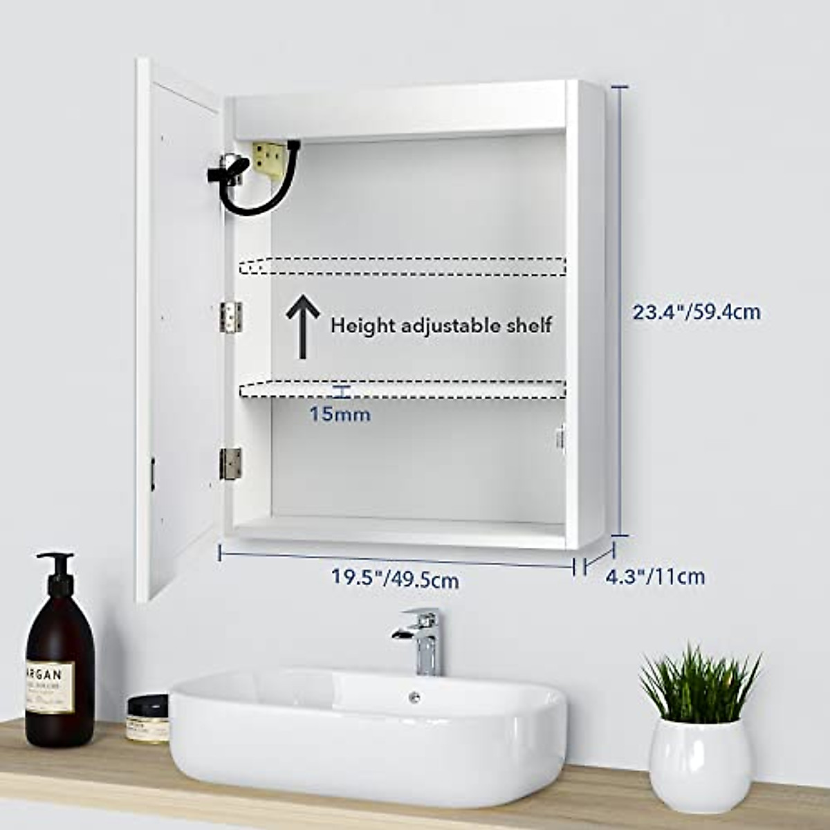 VOWNER Bathroom Medicine Cabinet with LED Lights and Mirror, Wall Mounted Mirror Cabinet with Adjustable Shelf, Defogger, Memory 3-Color Mode, Dimmer, Anti-Fog (20"×24")