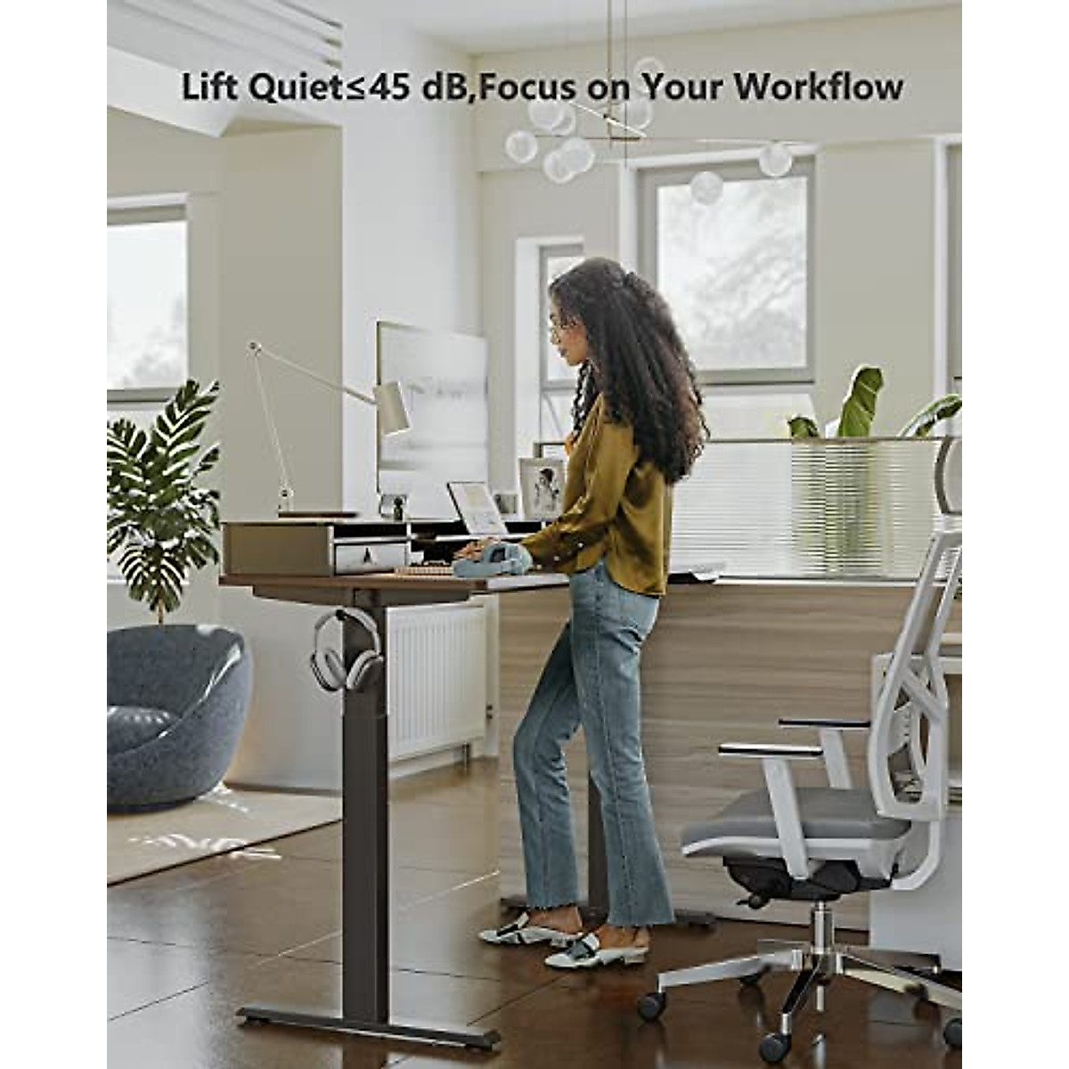 BANTI 55"x 26" Electric Standing Desk with Glass Top Monitor Stand, Adjustable Sit Stand Up Table with Double Drawer, Sit Stand Desk with Storage Shelf, Black Walnut Top