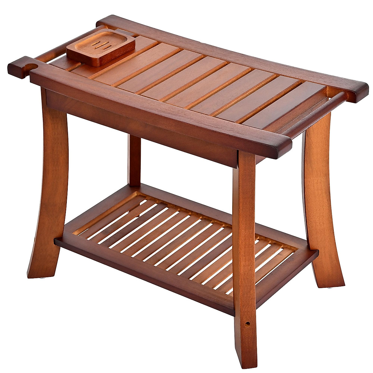 Jekruiet Teak Shower Chair Stool, 24 Inch Shower Bench Seat, Wooden Bathroom Bench with Storage Shelf for Adults, Elderly, Disabled Indoor & Outdoor Use