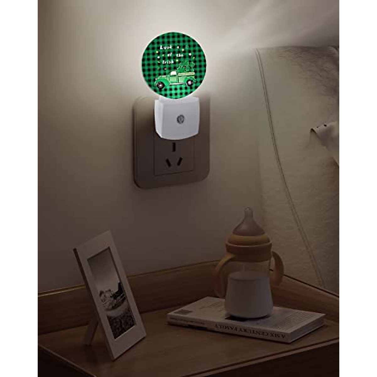 Green Truck Buffalo Plaid Night Lights Plug into Wall, St. Patrick's Day Auto Round LED Lights with Dusk to Dawn Sensor for Bedroom, Bathroom, Hallway, Kitchen, Kids, Home Decor