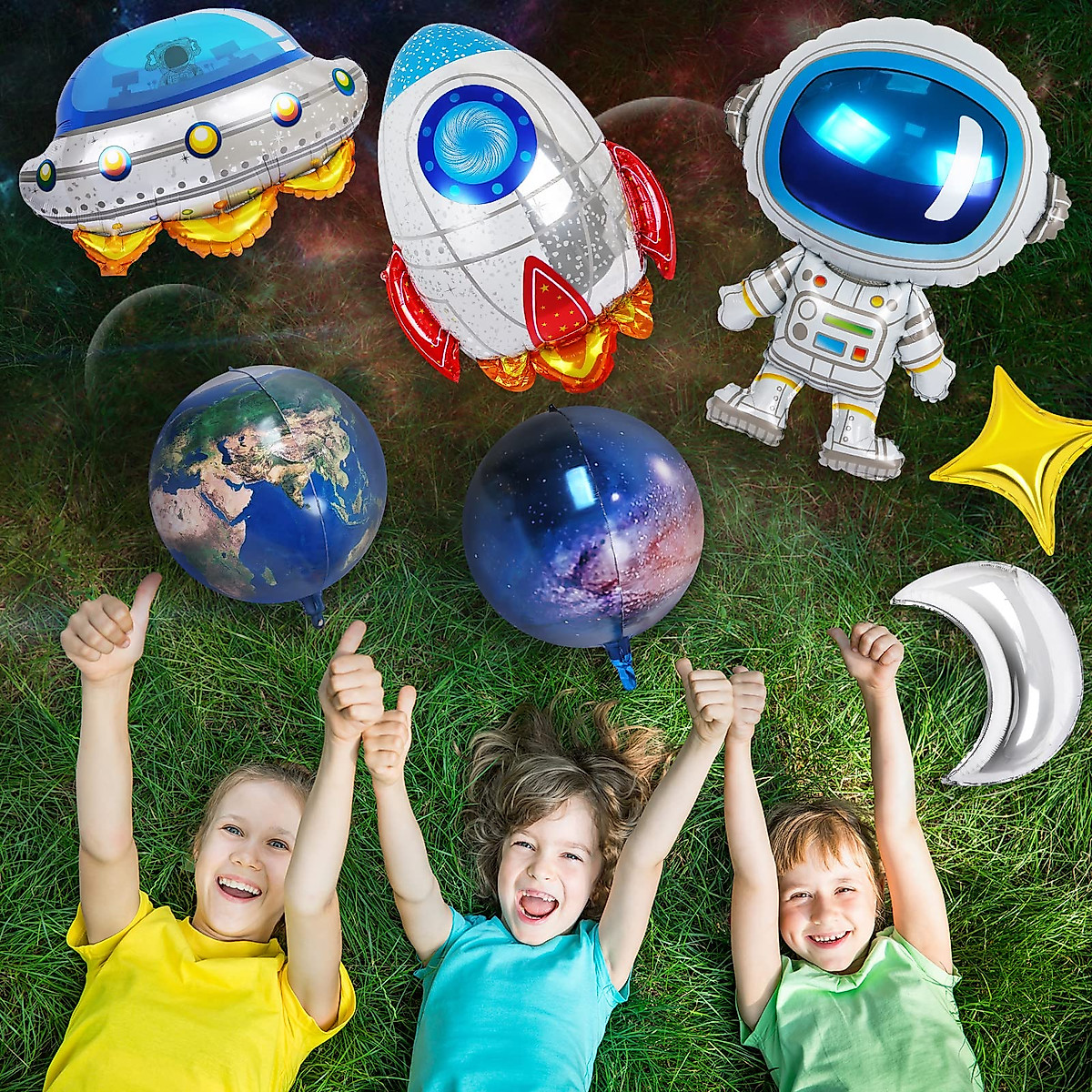 MIKIMIQI 9 Pcs Outer Space Balloons Space Themed Foil Balloons UFO Party Supplies Decorations Large Moon Stars Planet Rocket Astronaut UFO Balloon Baby Shower Birthday Party Supplies Favors
