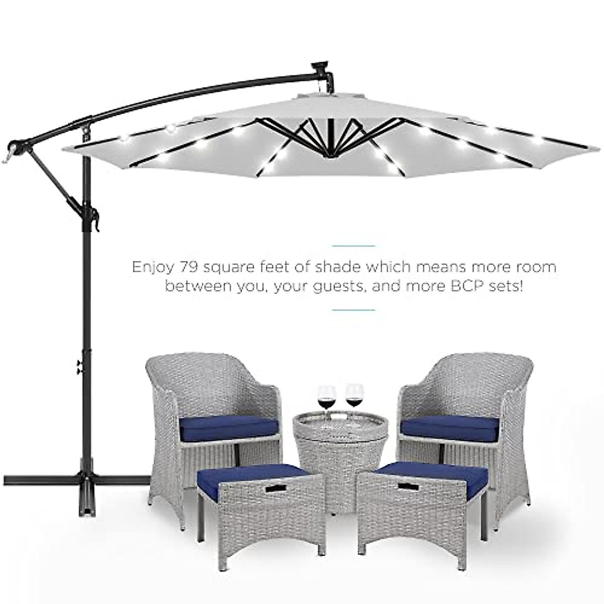 Best Choice Products 10ft Solar LED Offset Hanging Market Patio Umbrella for Backyard, Poolside, Lawn and Garden w/Easy Tilt Adjustment, Polyester Shade, 8 Ribs - Fog Gray