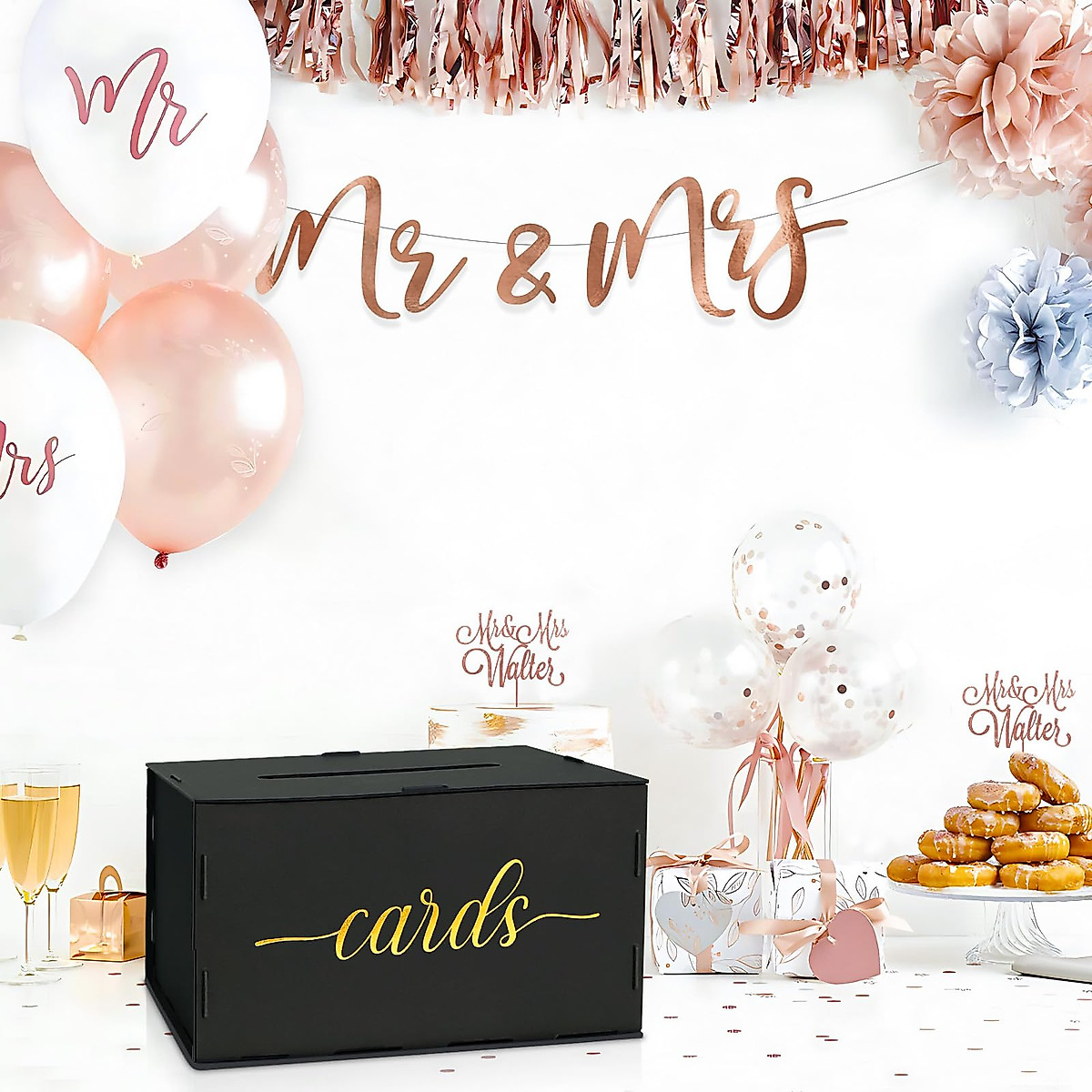 Mulbozy Black Card Box with Gold Foil Design, Wedding Card Box with Slot & Lid, Card & Money Receiving Box for Wedding Reception, Bridal & Baby Shower, Graduation