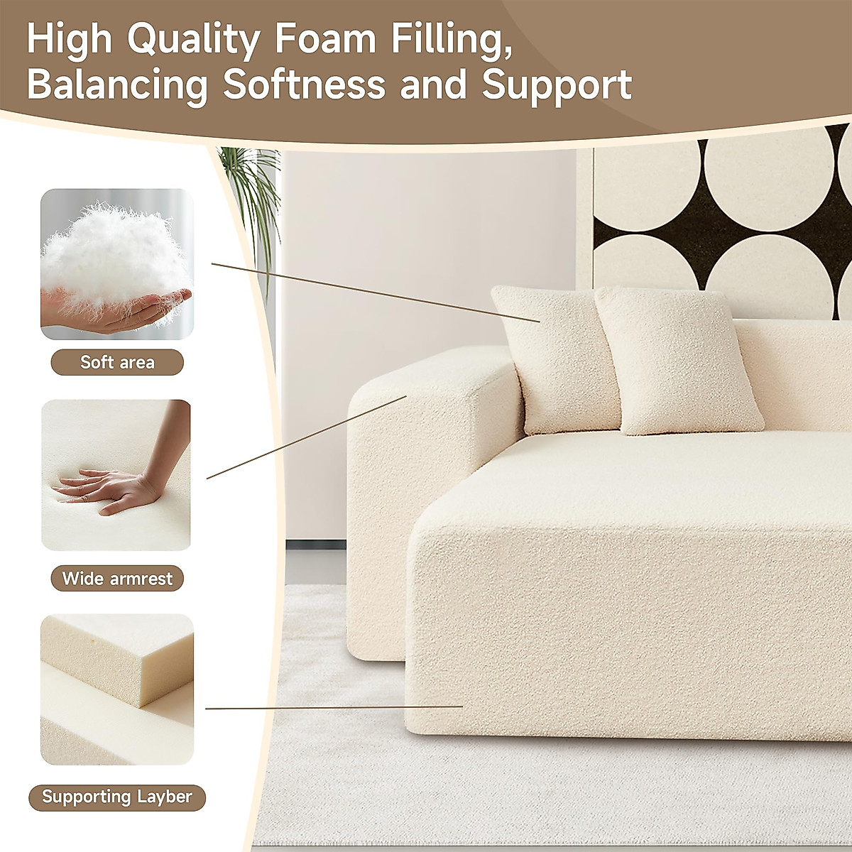 VASOENY 105.5 X 60.2'' L Shaped Sectional Sofa, Sherpa Fabric L Shaped Couch, 3 Seat Corner Sofa Couch, Modern Upholstered Couch with 4 Pillow Left Hand Lounge for Living Room, Office