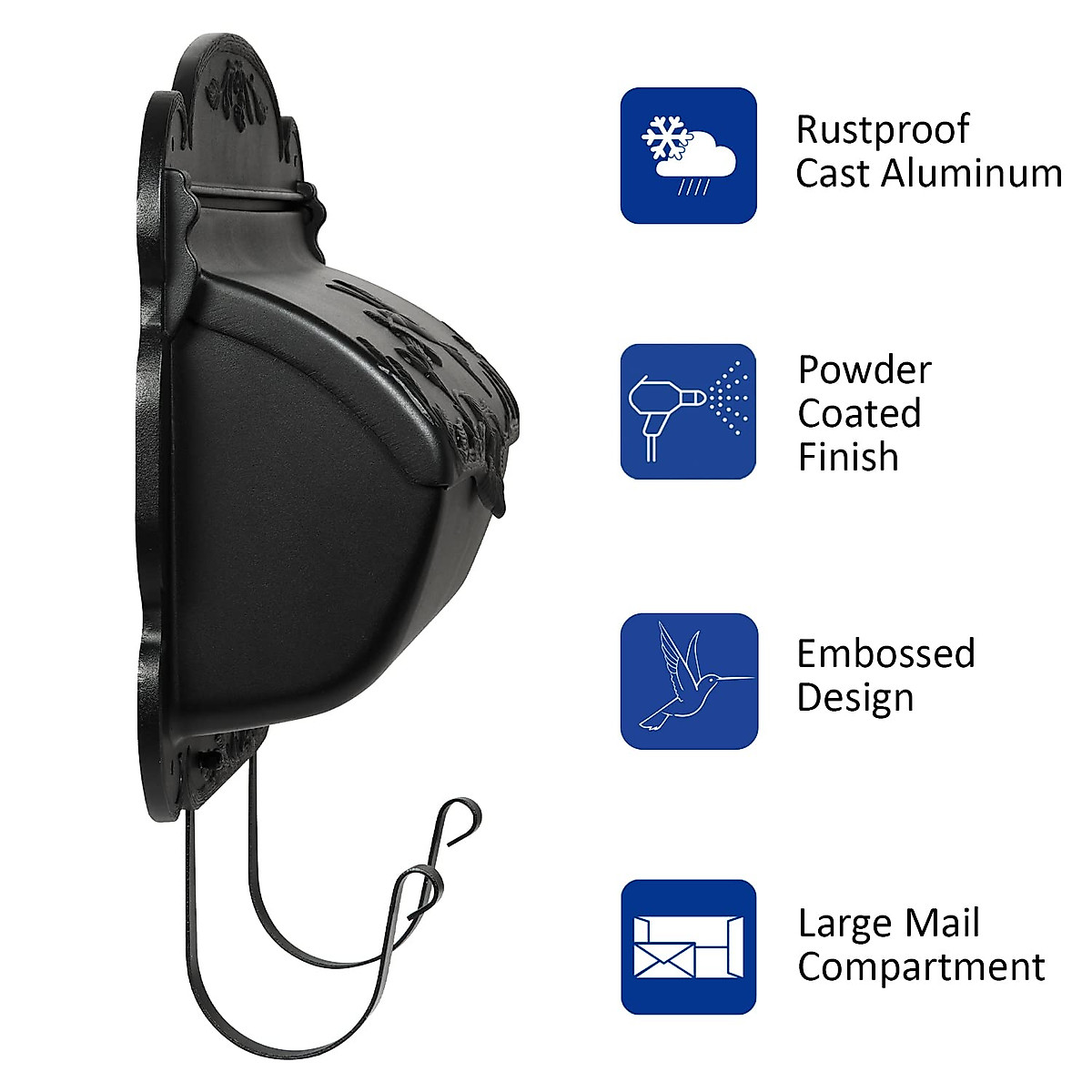 Cast Aluminum Metal Decorative Mailbox with Newspaper Hooks, Easy to Install Wall Mount, Rustproof, Heavy Duty, Hummingbird Horizontal Mail Box for Outside Porch - 17” x 5” x 12.75” (White)