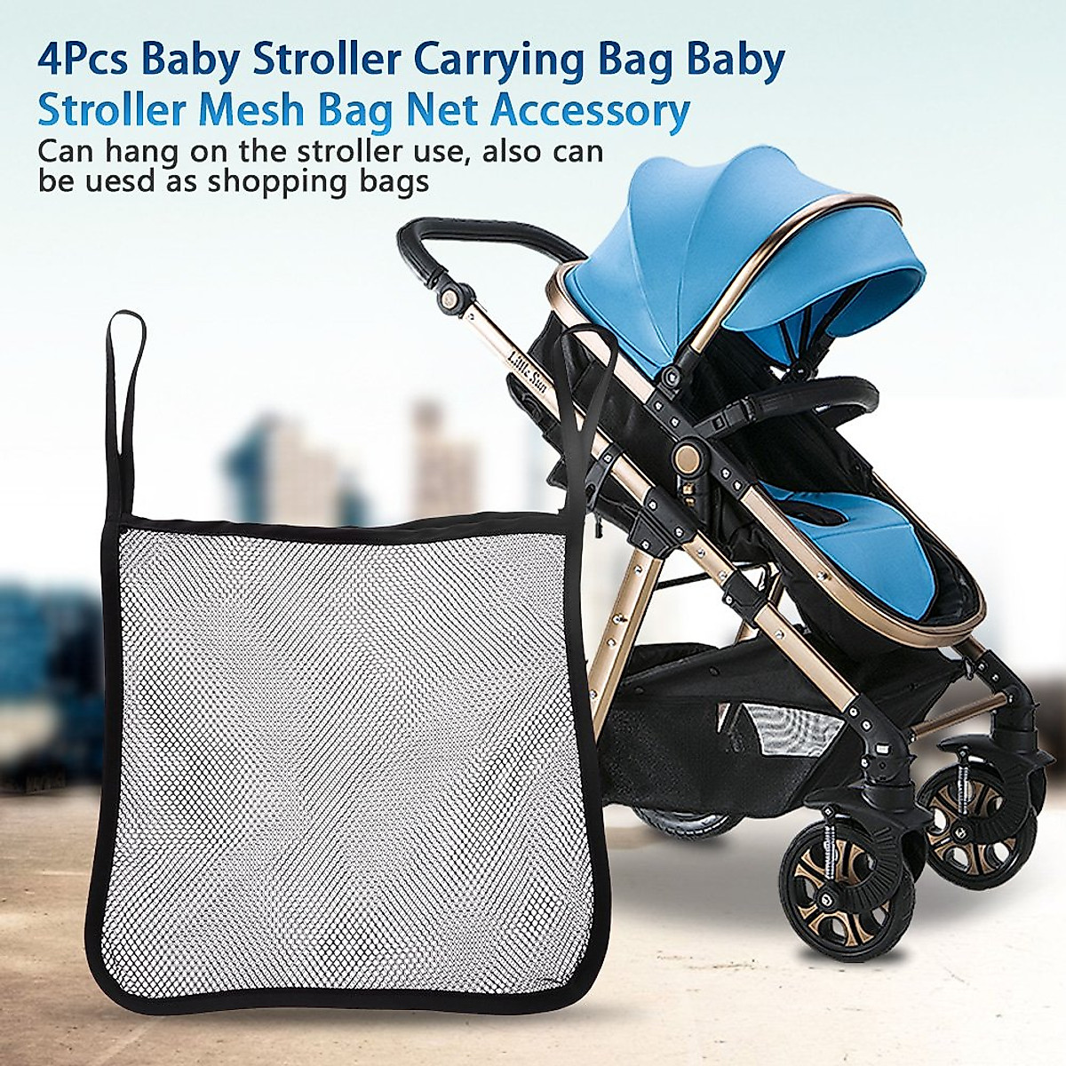 4Pcs Baby Stroller Bag,Oxford Hanging Mesh Stroller Bags Net Organizer 11.8"x12.5"(Black)