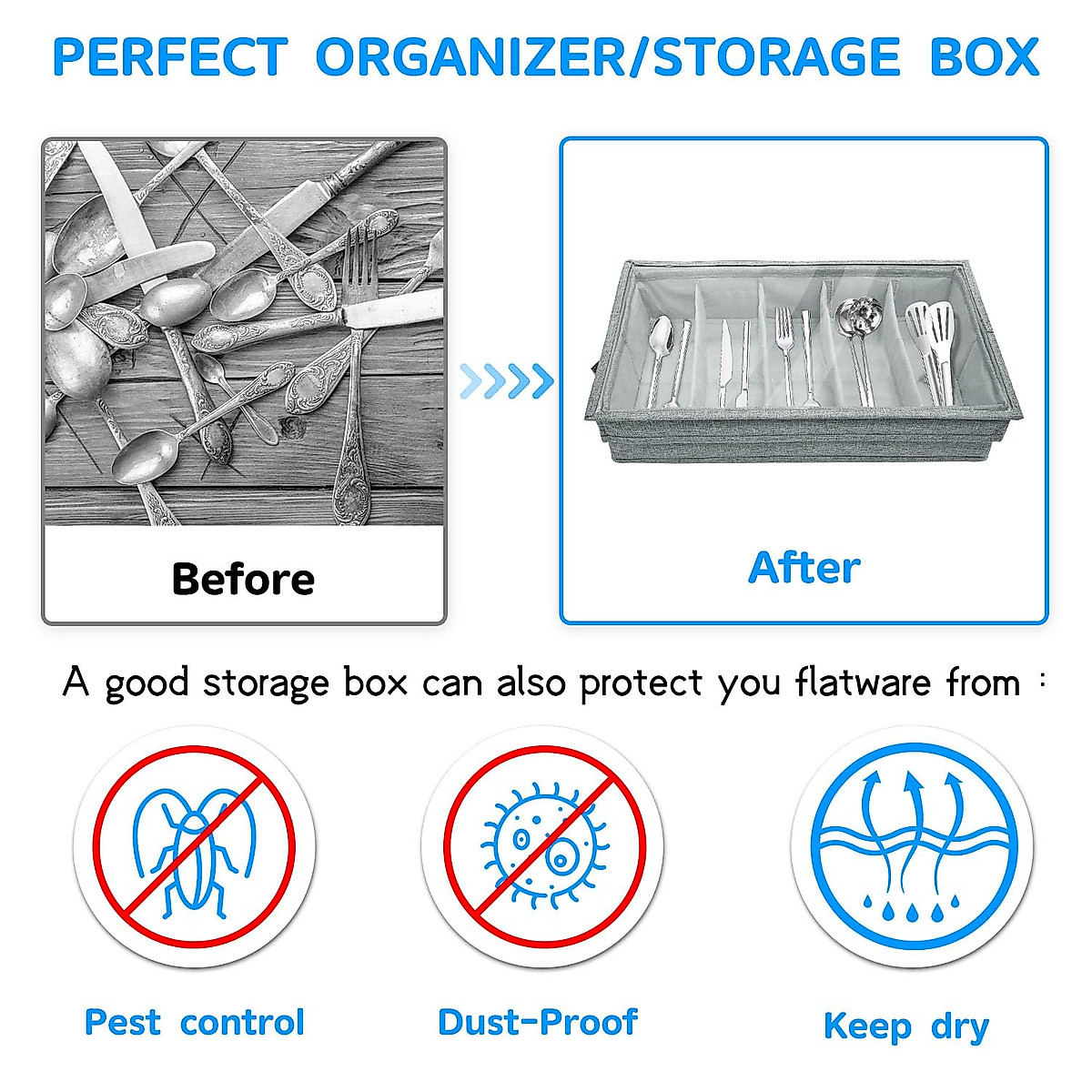 Boczif Flatware Storage Case-Silverware Storage Box with Padded Dividers, 5 Compartment Utensil Storage, Silverware Holder with Handles and Removable Lid for Organizing Cutlery, Forks, Knives