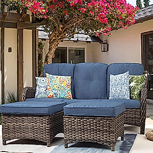 MeetLeisure Patio Furniture Set 3-Piece Wicker Outdoor Furniture Conversational Sets with 3-Seat Sofa, 2 Ottoman Patio Rattan Wicker Sectional Sofa Set with Waterproof Cover, Blue